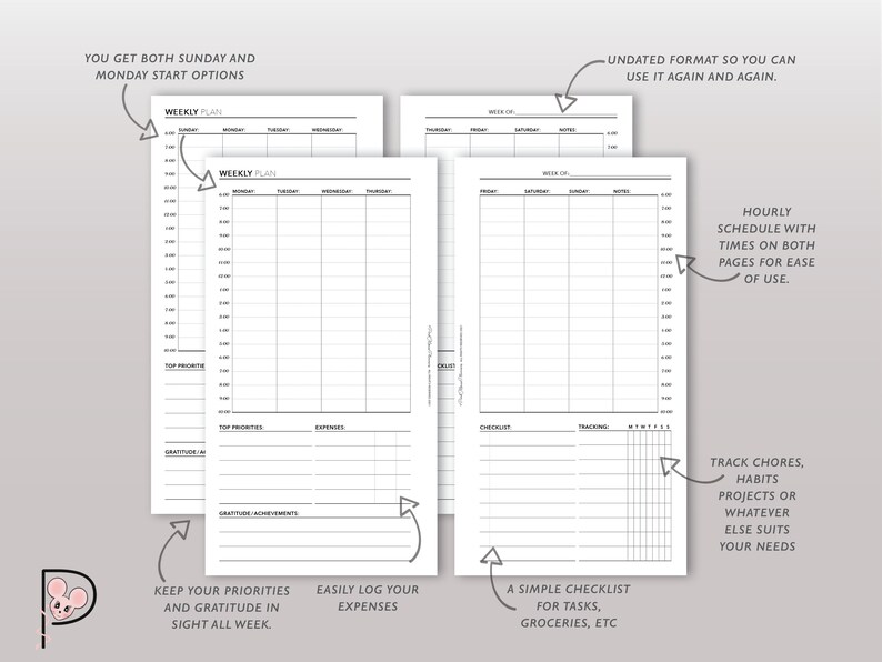 Weekly Planner Printable, Hourly Planner Insert, 2 Page Vertical Weekly ...