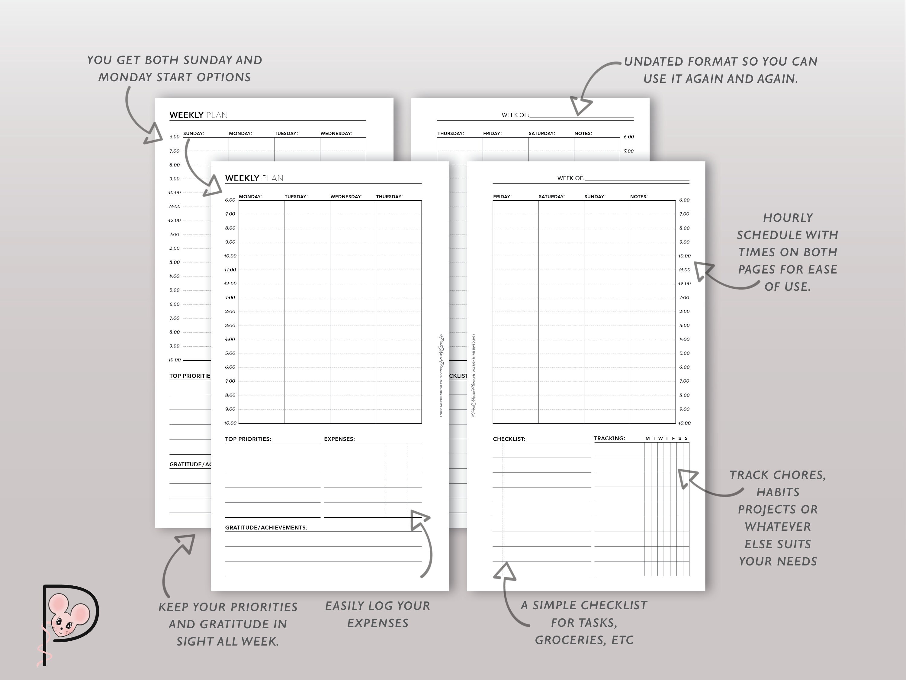 Weekly Planner Printable, Hourly Planner Insert, 2 Page Vertical Weekly ...