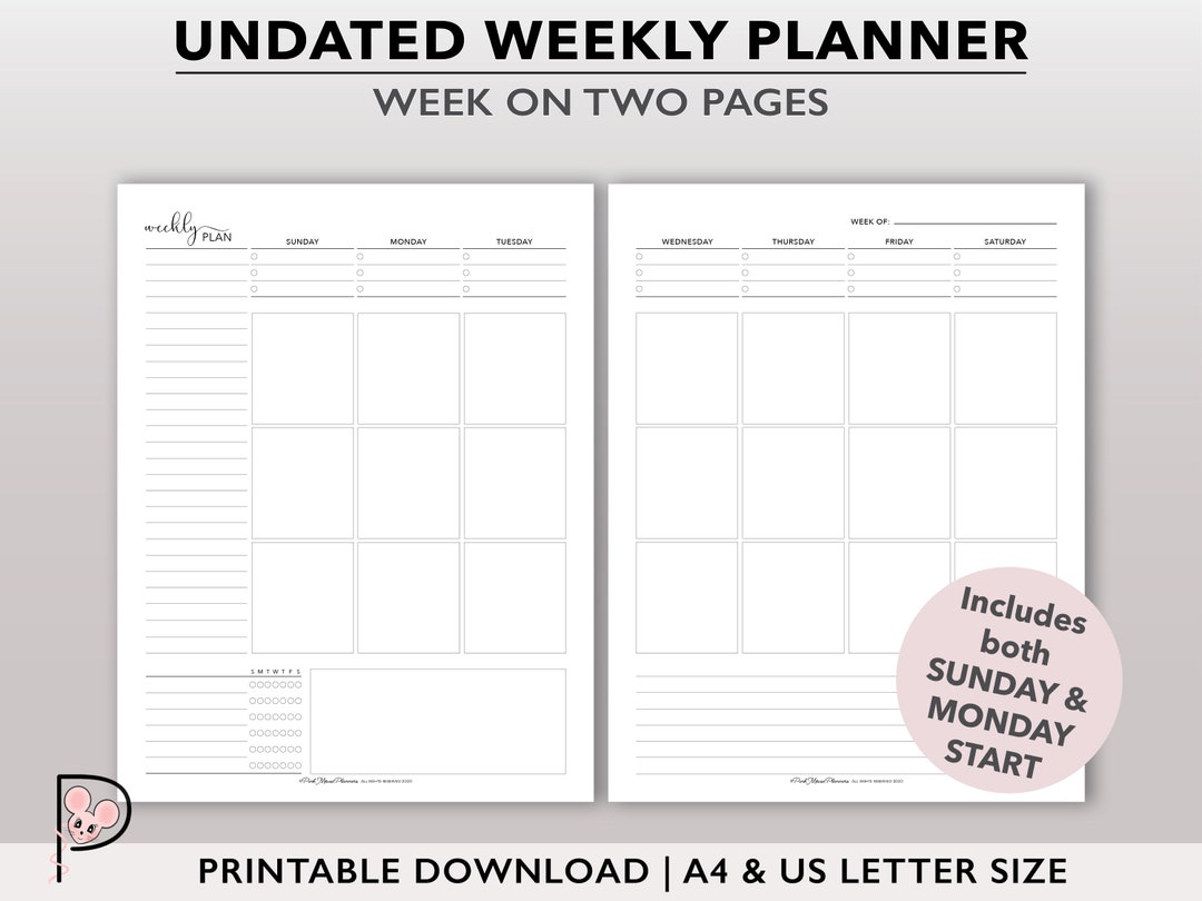 Undated Weekly Planner Printable, Vertical Week on 2 Page Layout, WO2P ...