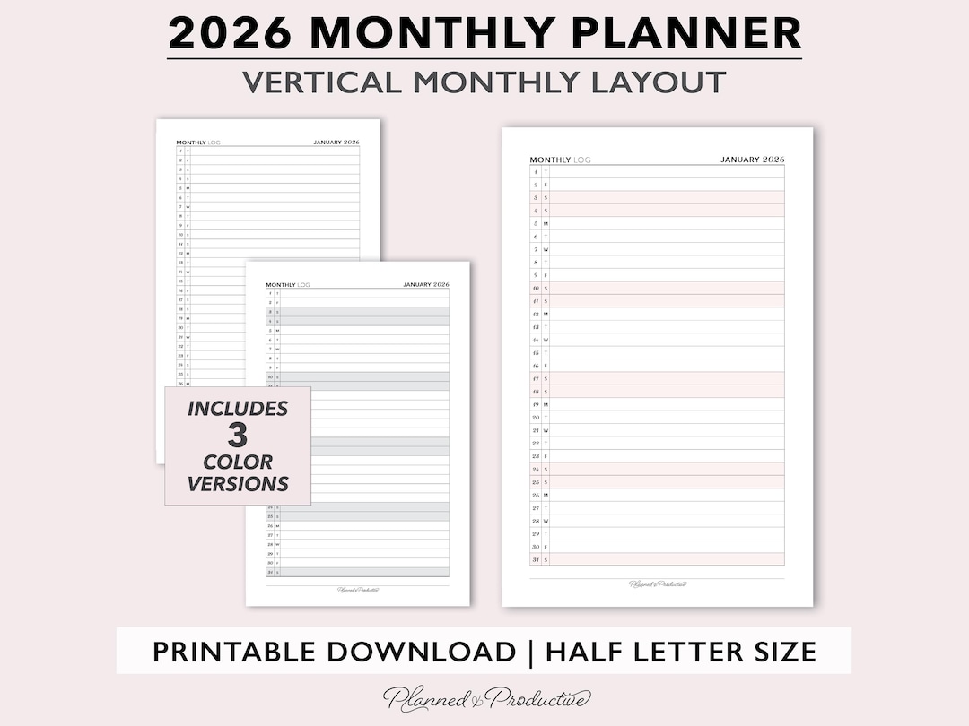 2026 Vertical Monthly Printable Planner Inserts, Dated Vertical Month ...