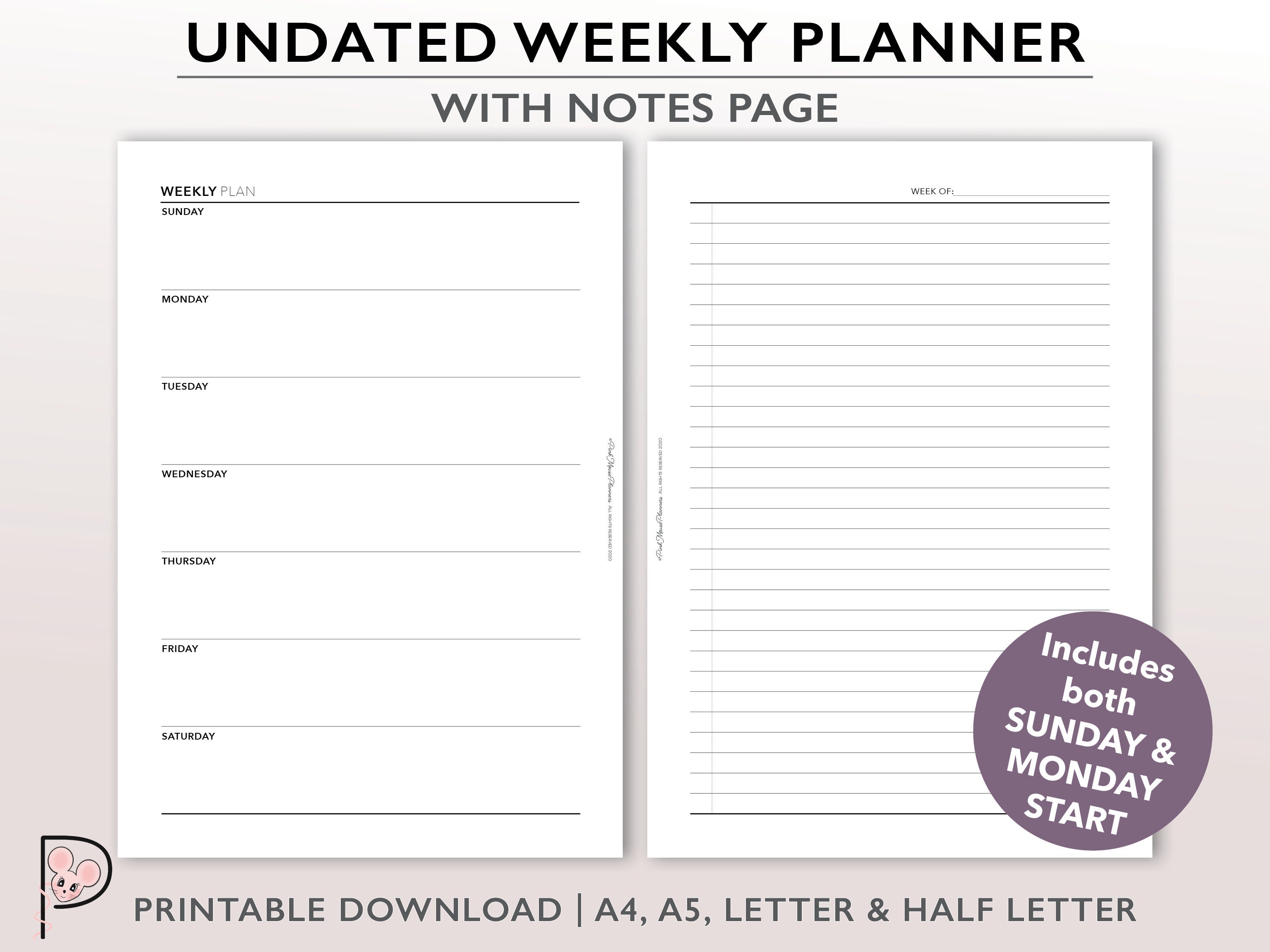 Undated Weekly Planner Printable 2 Page per Week WO2P Weekly - Etsy