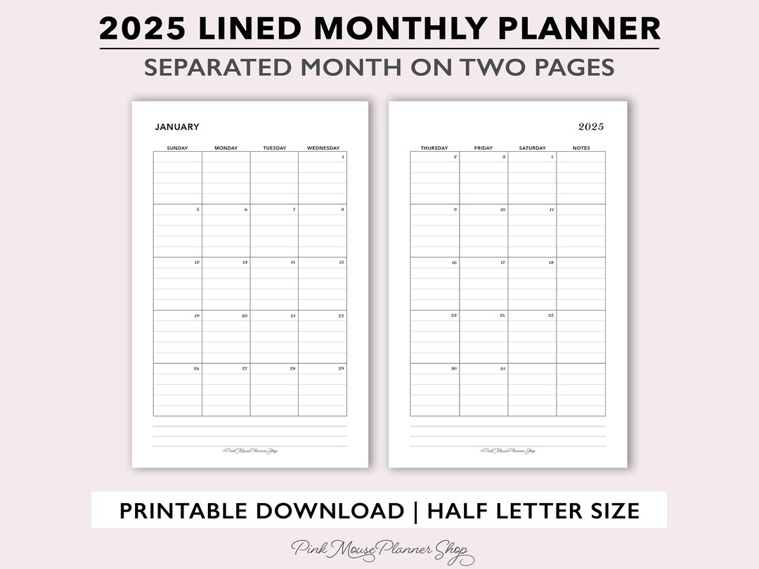 2025 Printable Lined Monthly Planner Inserts, Two Page Monthly Calendar ...