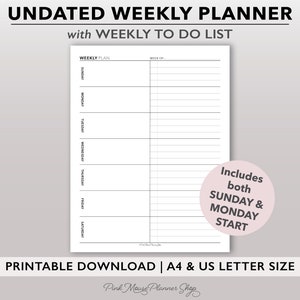 Weekly Planner Printable, Week on One Page Weekly Planner Template ...