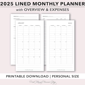 2025 Lined Monthly Printable Planner Inserts, Month on 2 Pages W ...