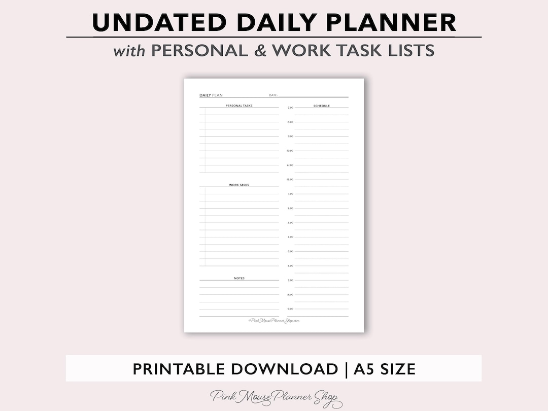 Daily Schedule With Work & Personal Task Lists, Day per Page Undated ...