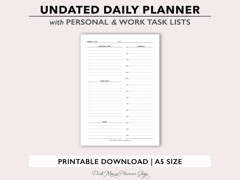 Daily Schedule With Work & Personal Task Lists, Day per Page Undated ...
