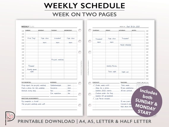 Weekly Planner Printable Hourly Planner Insert 2 Page Weekly - Etsy
