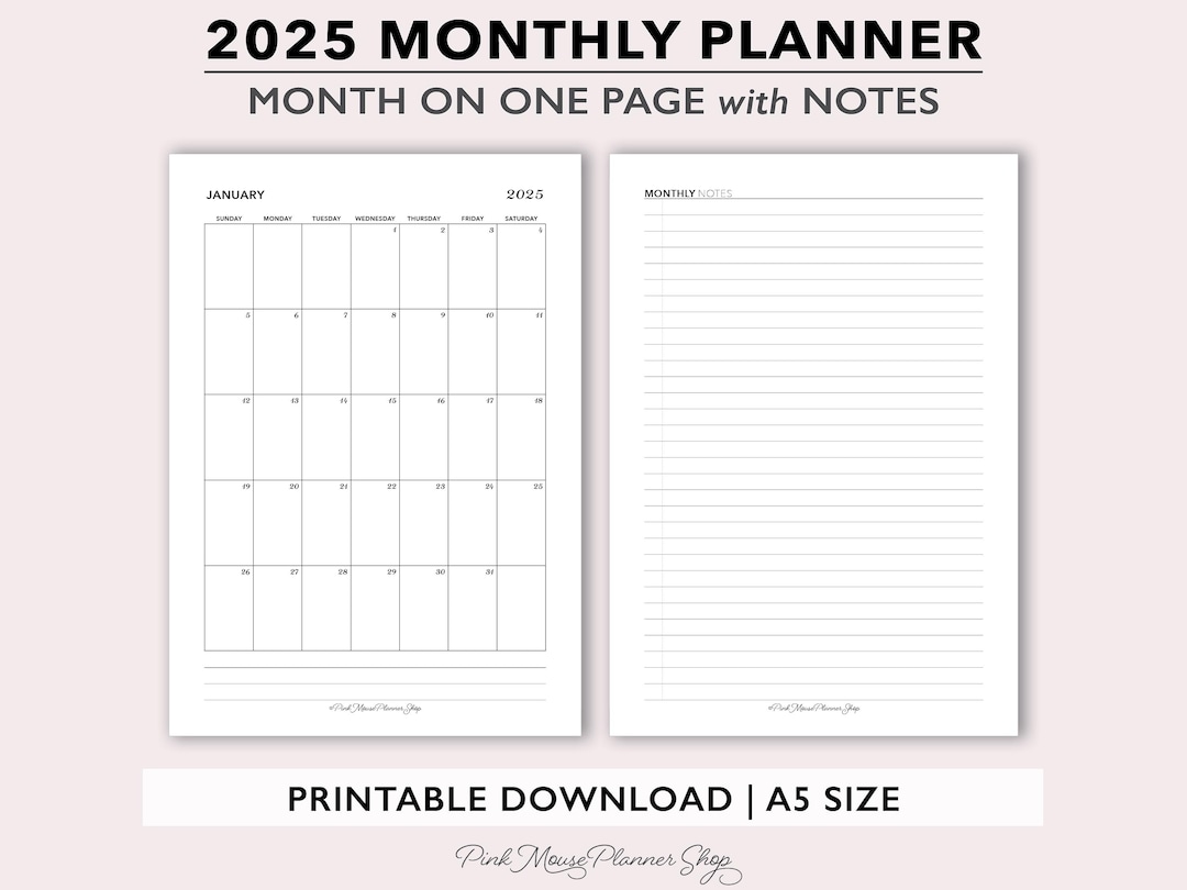 2025 Monthly Printable Planner Inserts, Month on One Page With Notes ...