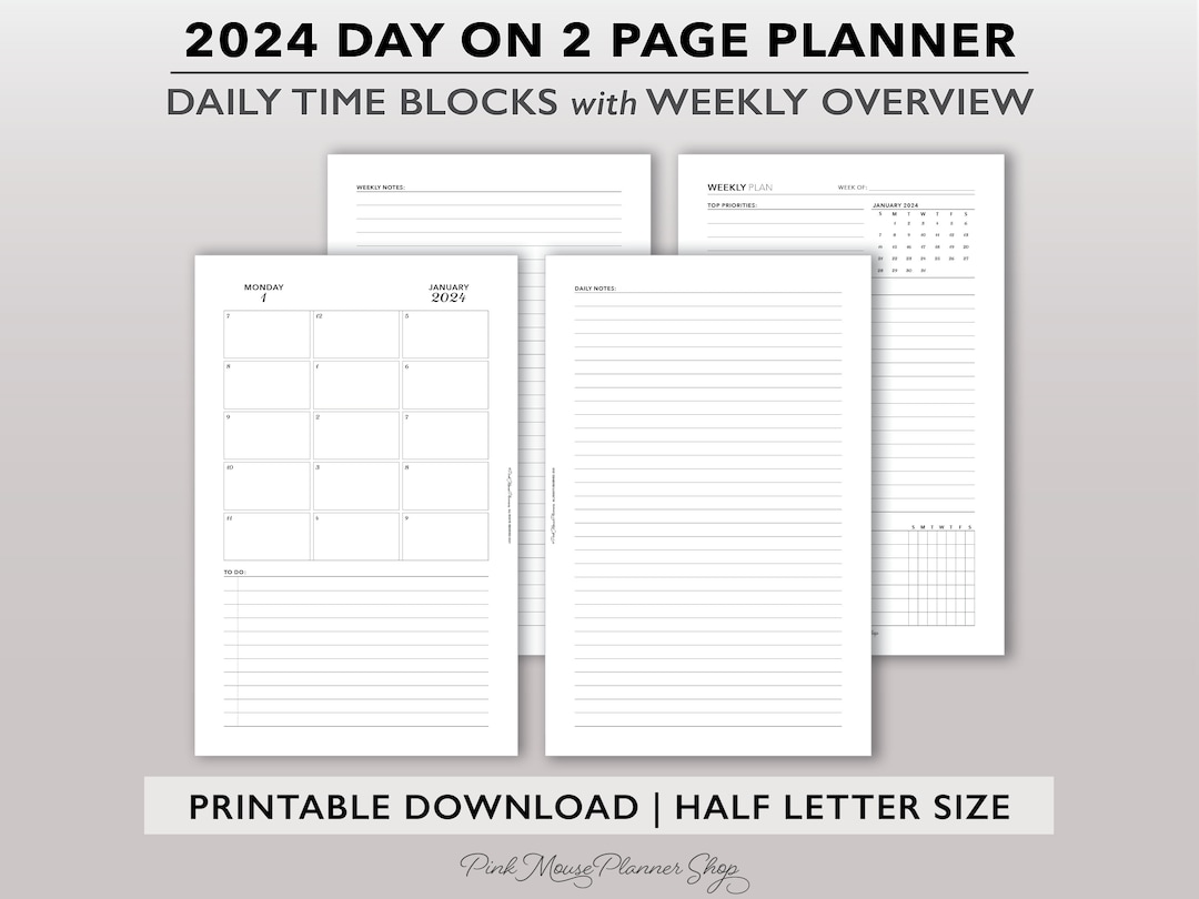 2024 Two Page per Day Daily Time Block Planner Printable W/ Weekly ...