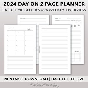 2024 Two Page per Day Daily Time Block Planner Printable W/ Weekly ...