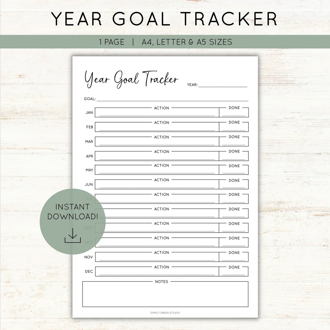 Year Goal Tracker Printable Goal, Monthly Actions, Completed, & Notes ...