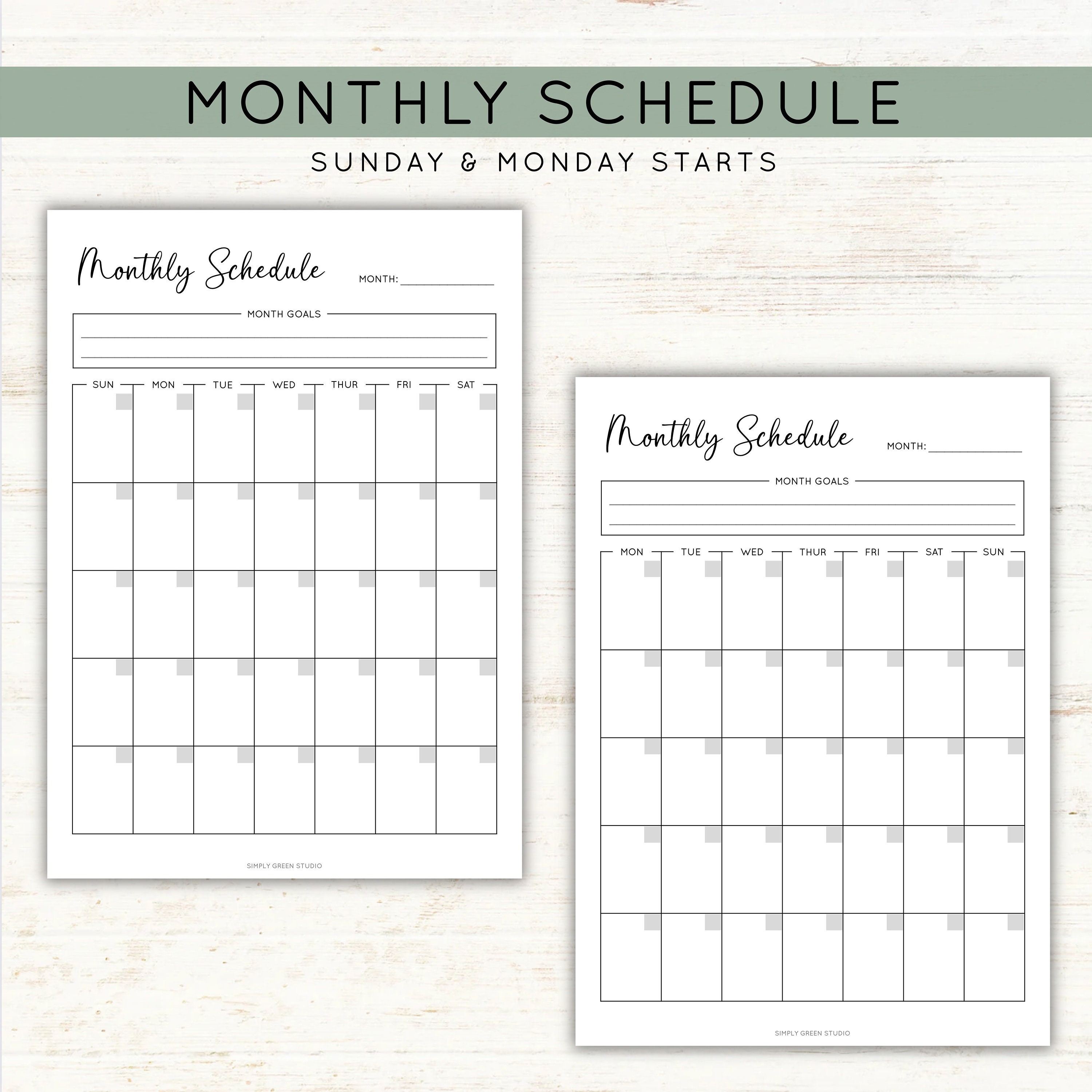 Monthly Schedule Printables Goals, Calendar Overview Undated ...