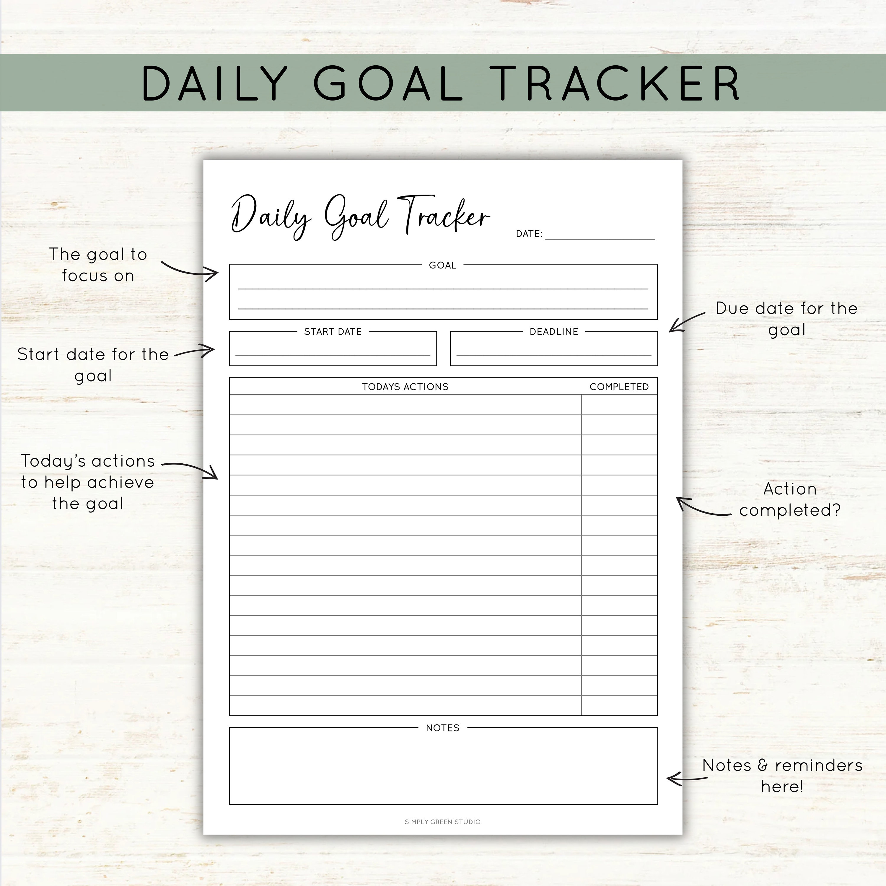 Daily Goal Tracker Printable Goal, Deadline, Actions, Due Dates ...