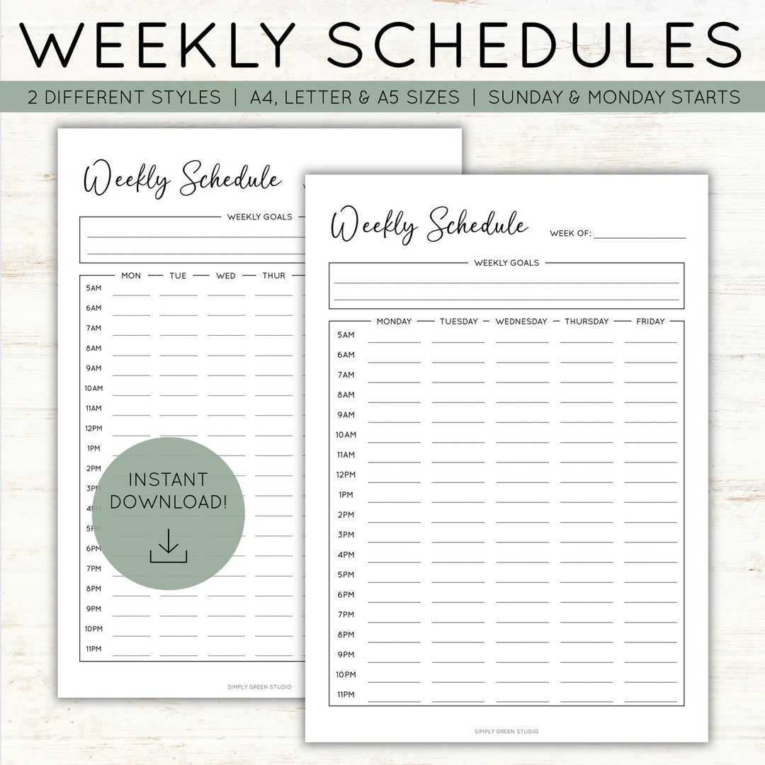 Weekly Printable Schedules Sunday & Monday Starts, Goals, Hourly ...