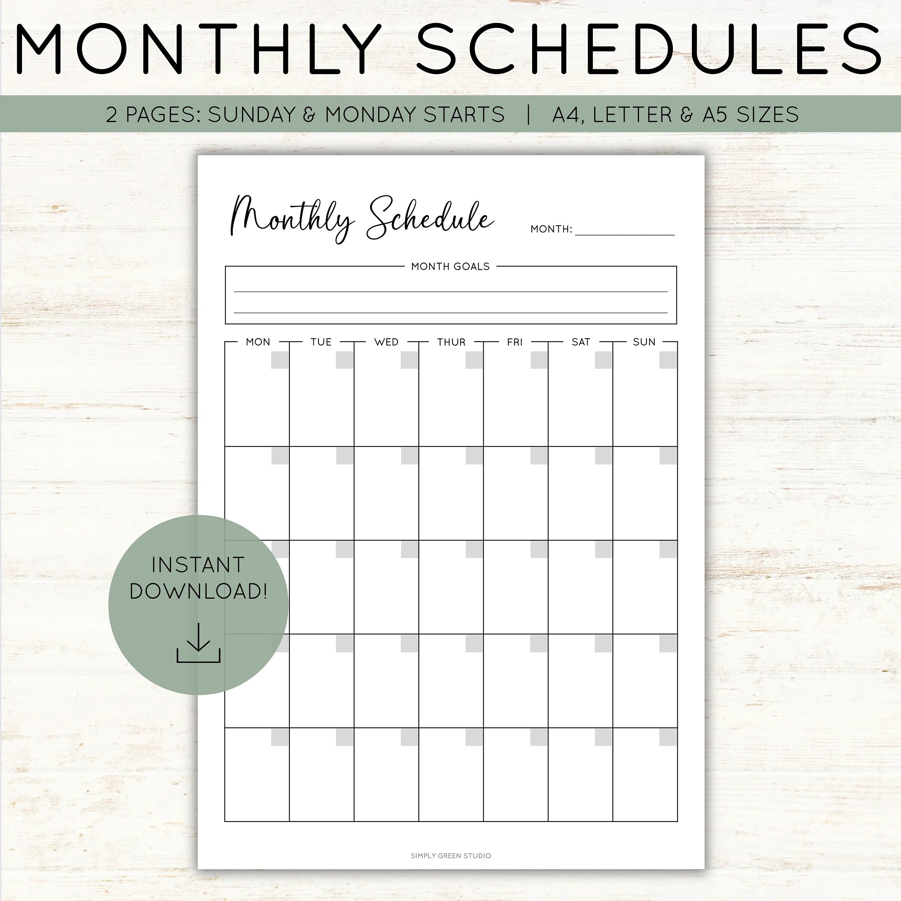 Monthly Schedule Printables Goals, Calendar Overview Undated ...