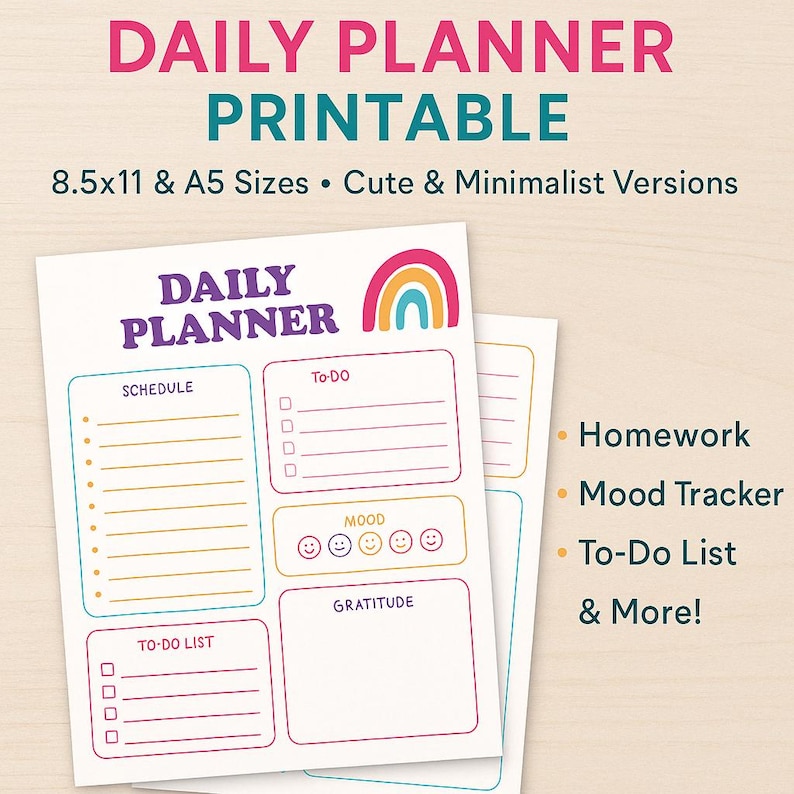 Teen Girl Daily Planner Printable – 8.5x11 & A5 Sizes – Cute and ...