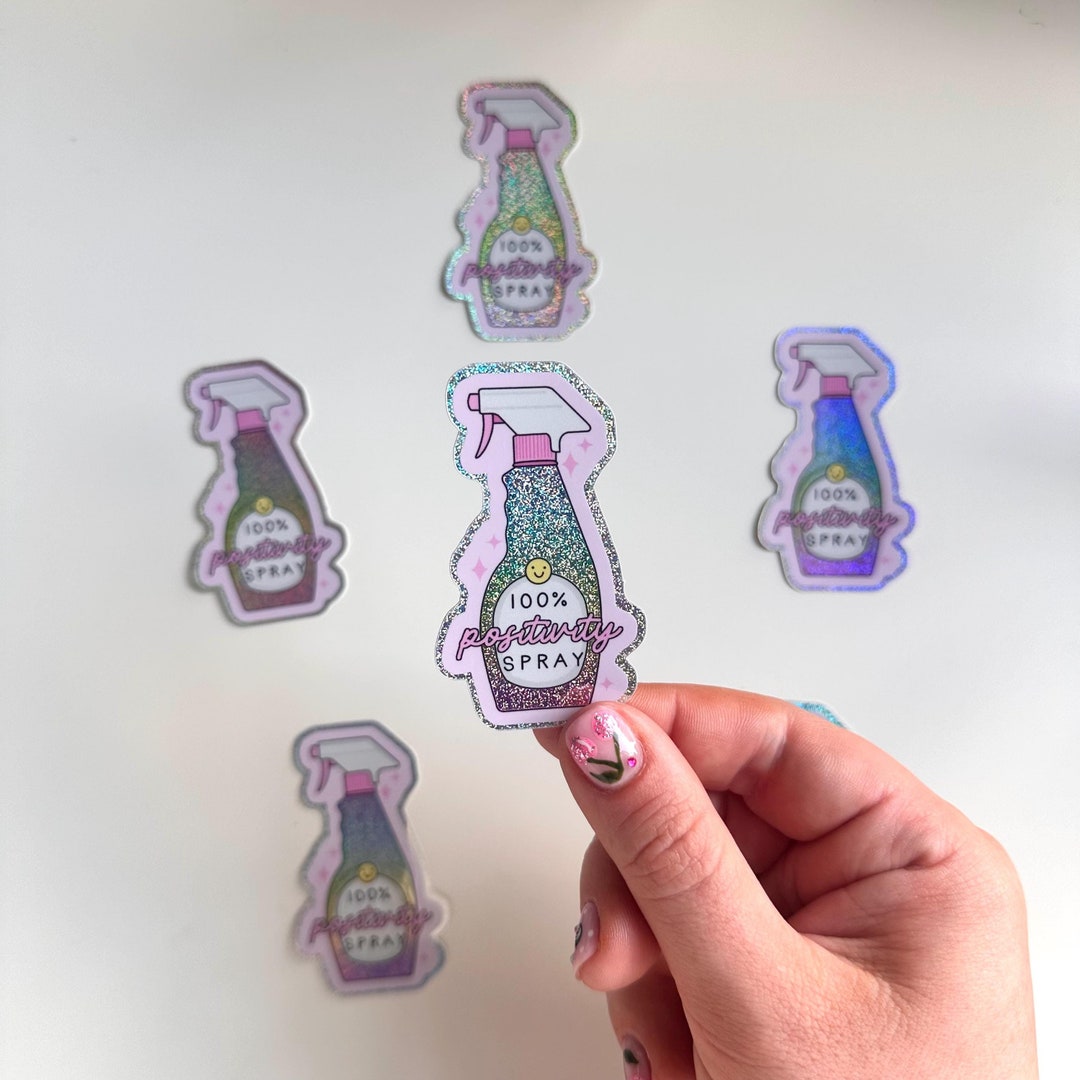 Positivity Spray Holographic Glitter Sticker | Rainbow Pink Smiley UV ...