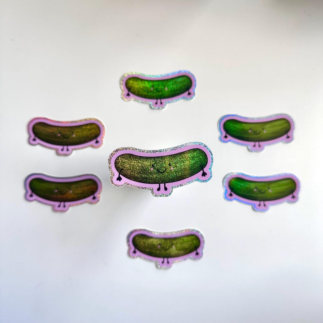 Dill Pickle Glitter Sticker | Holographic Cute Smiley Pink Waterproof ...