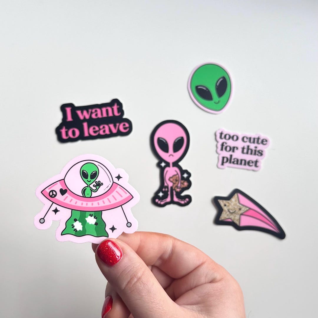 Alien Sticker Pack | Spaceship Extraterrestrial UFO Green Pink Shooting ...