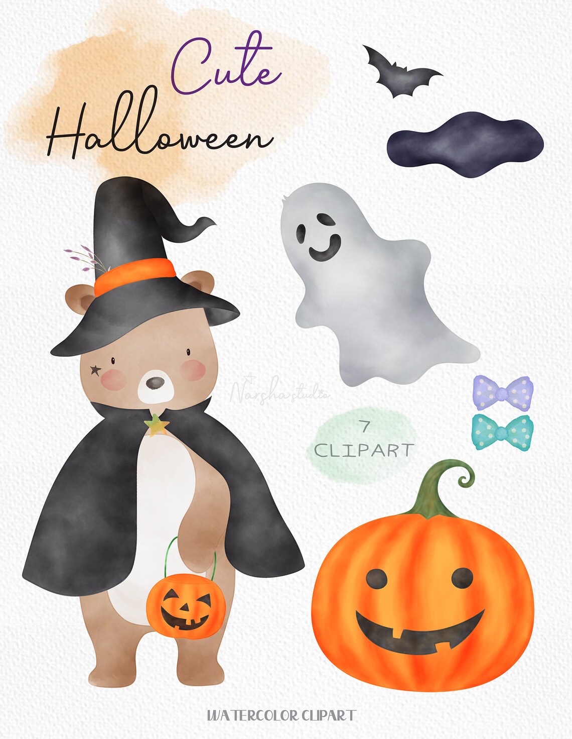 Cute Halloween Watercolor Clip Art/ Halloween Bear Clipart/ - Etsy