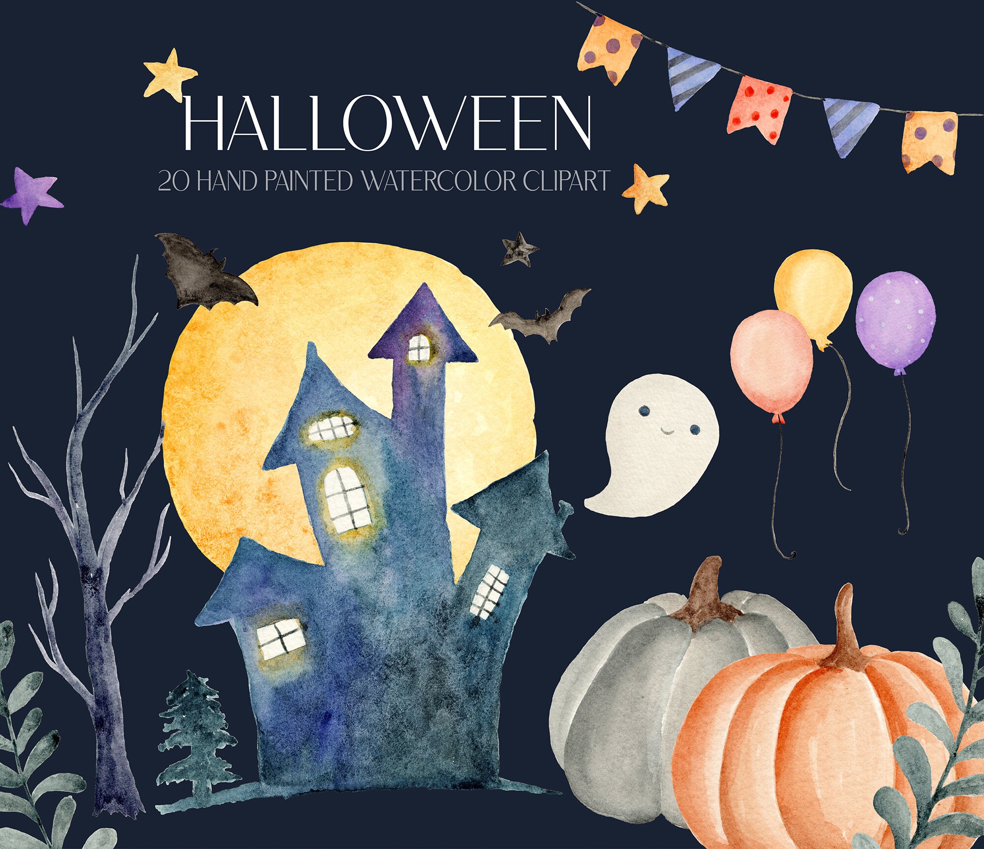 Watercolor Halloween Clipart Cute Ghost Clipart Halloween Haunted House ...