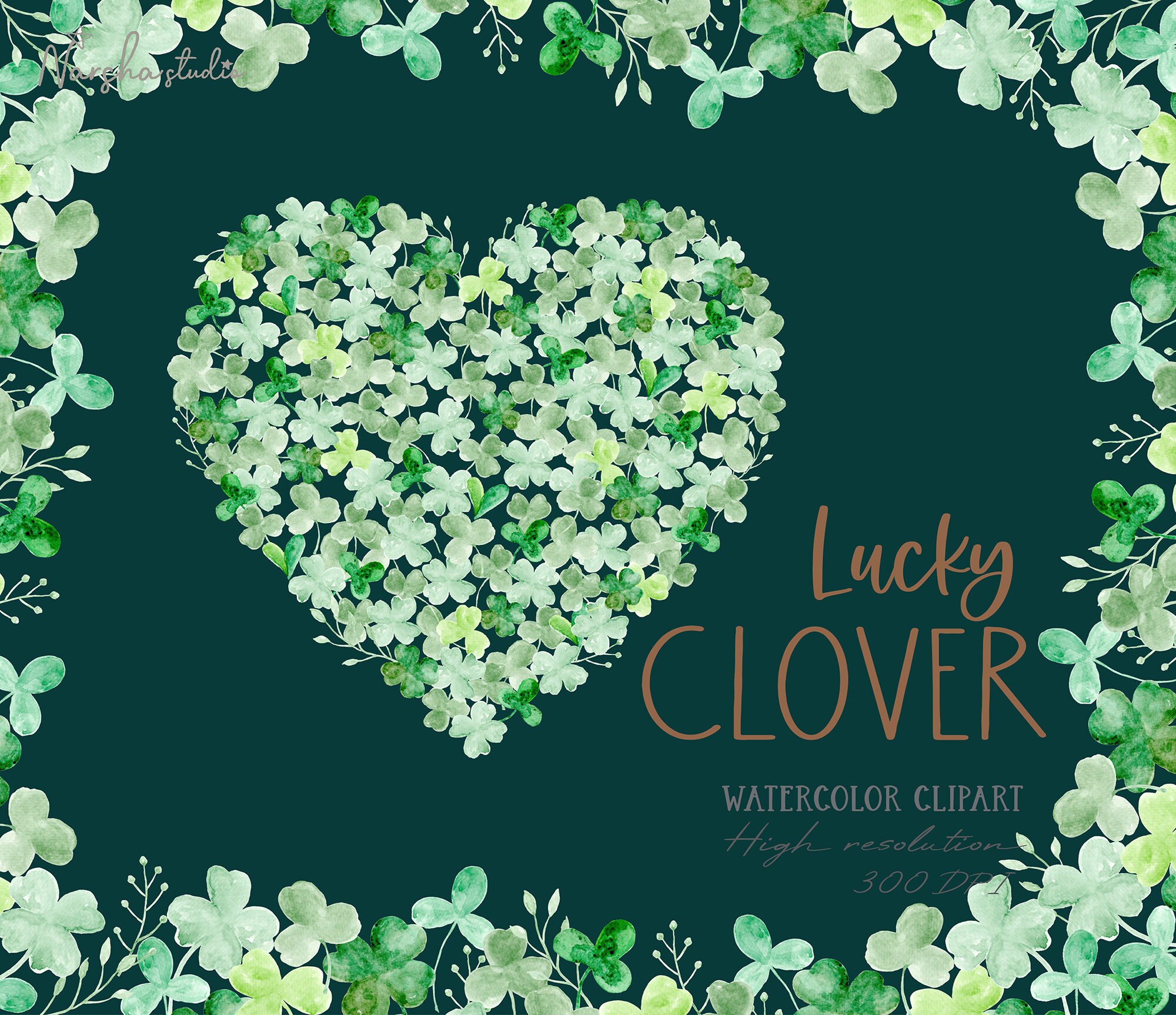 Lucky Clover Watercolor Clip Art/ St Patricks Day Clipart/ Clover Heart ...