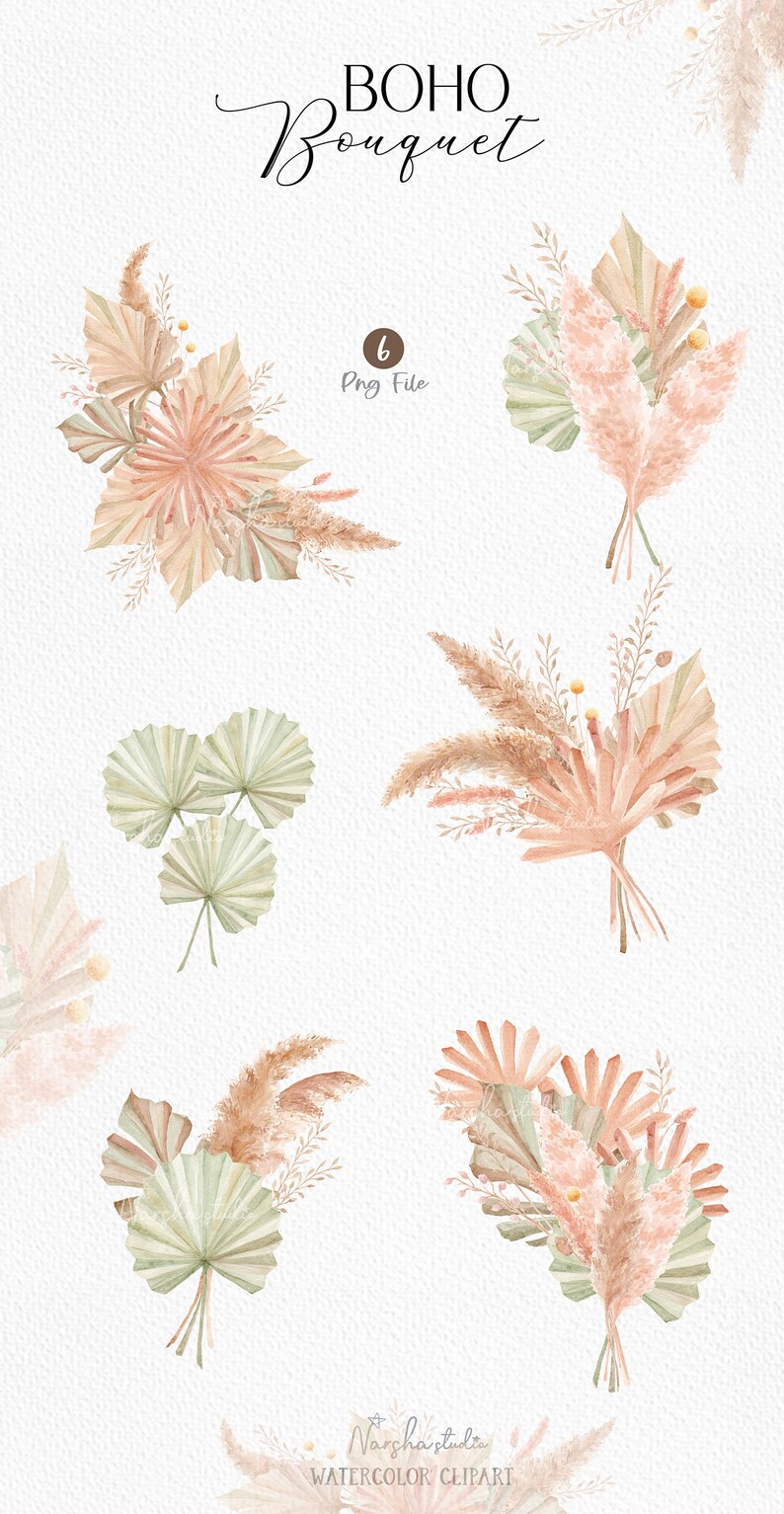 Dried Boho Bouquet Watercolor Clip Art Watercolor Pampas - Etsy