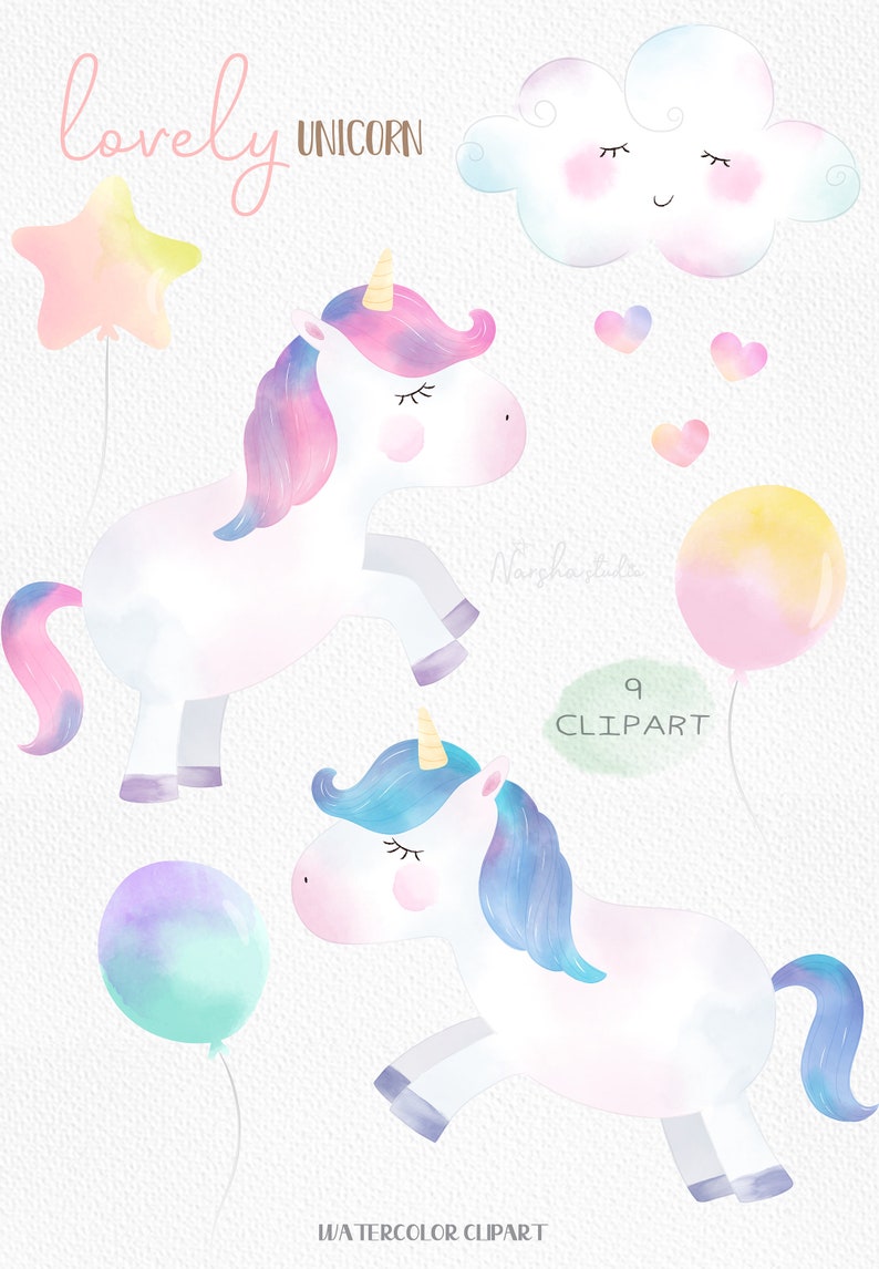 Watercolor Baby Unicorn Clip Art/ Unicorn PNG/ Hearts/ | Etsy