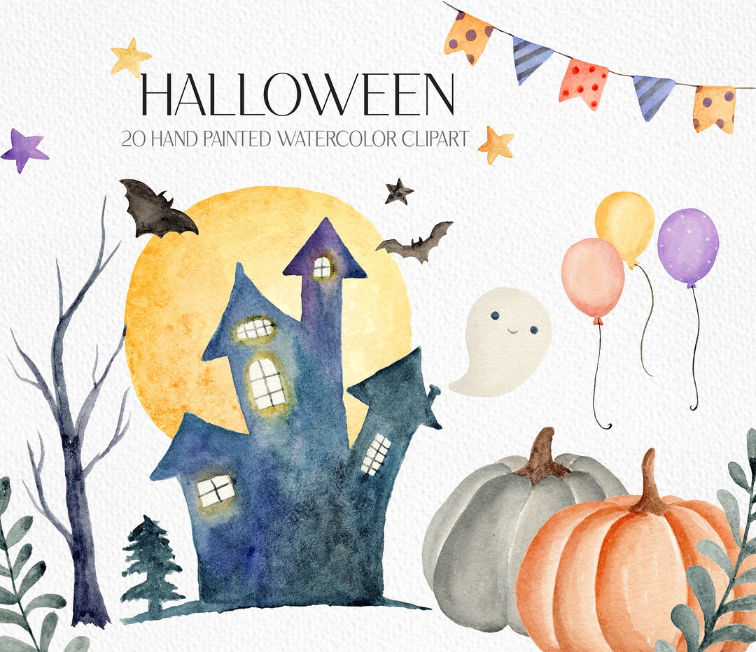 Watercolor Halloween Clipart Cute Ghost Clipart Halloween Haunted House ...