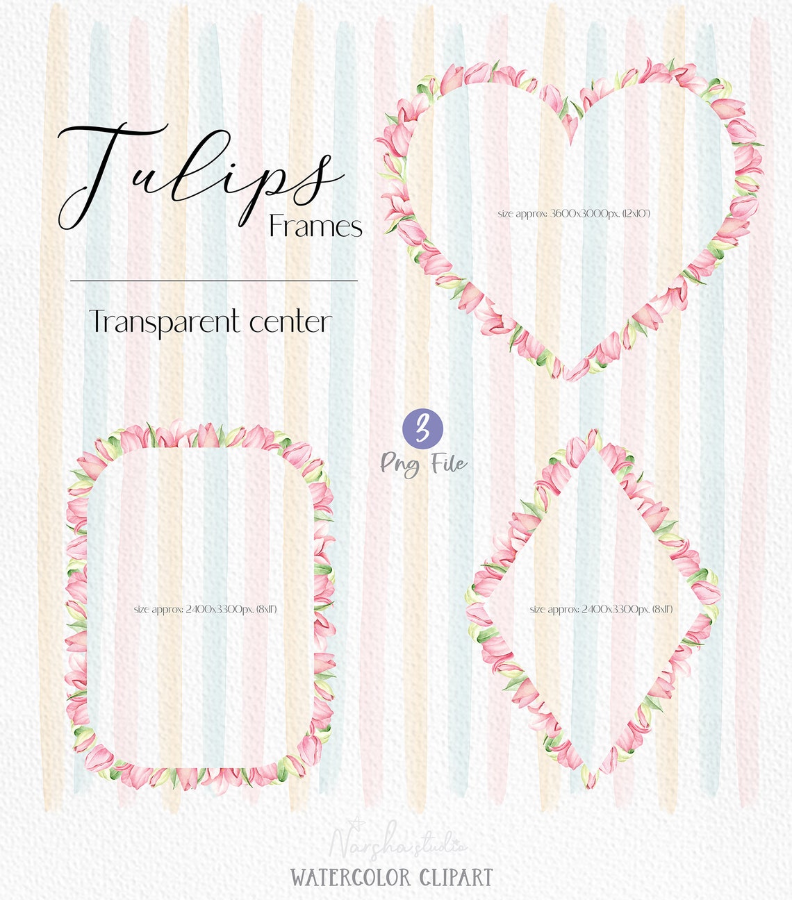Watercolor Floral Heart Frames Clip Art/ Pink Tulip Clipart/ - Etsy
