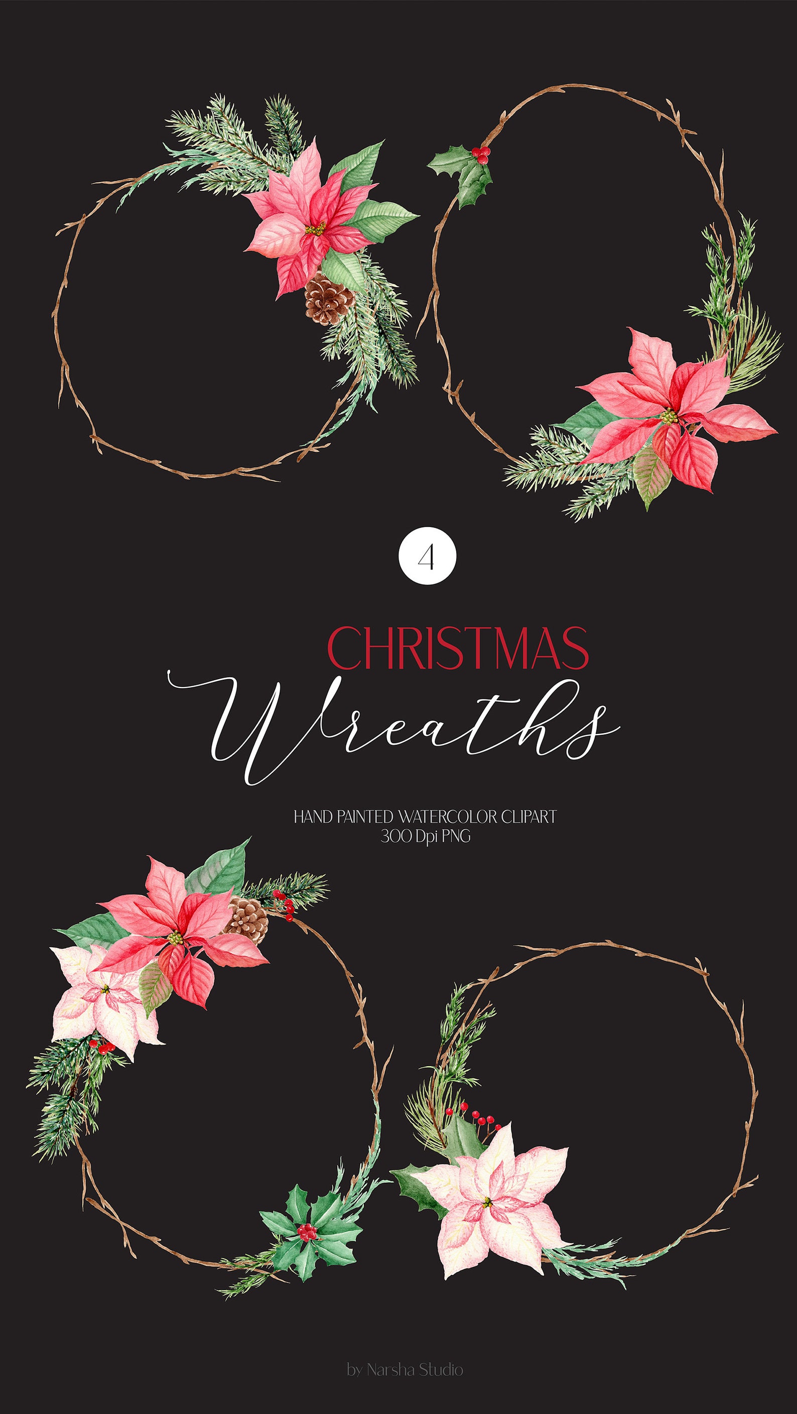 Watercolor Christmas Wreaths Clipart Winter Clipart Christmas - Etsy