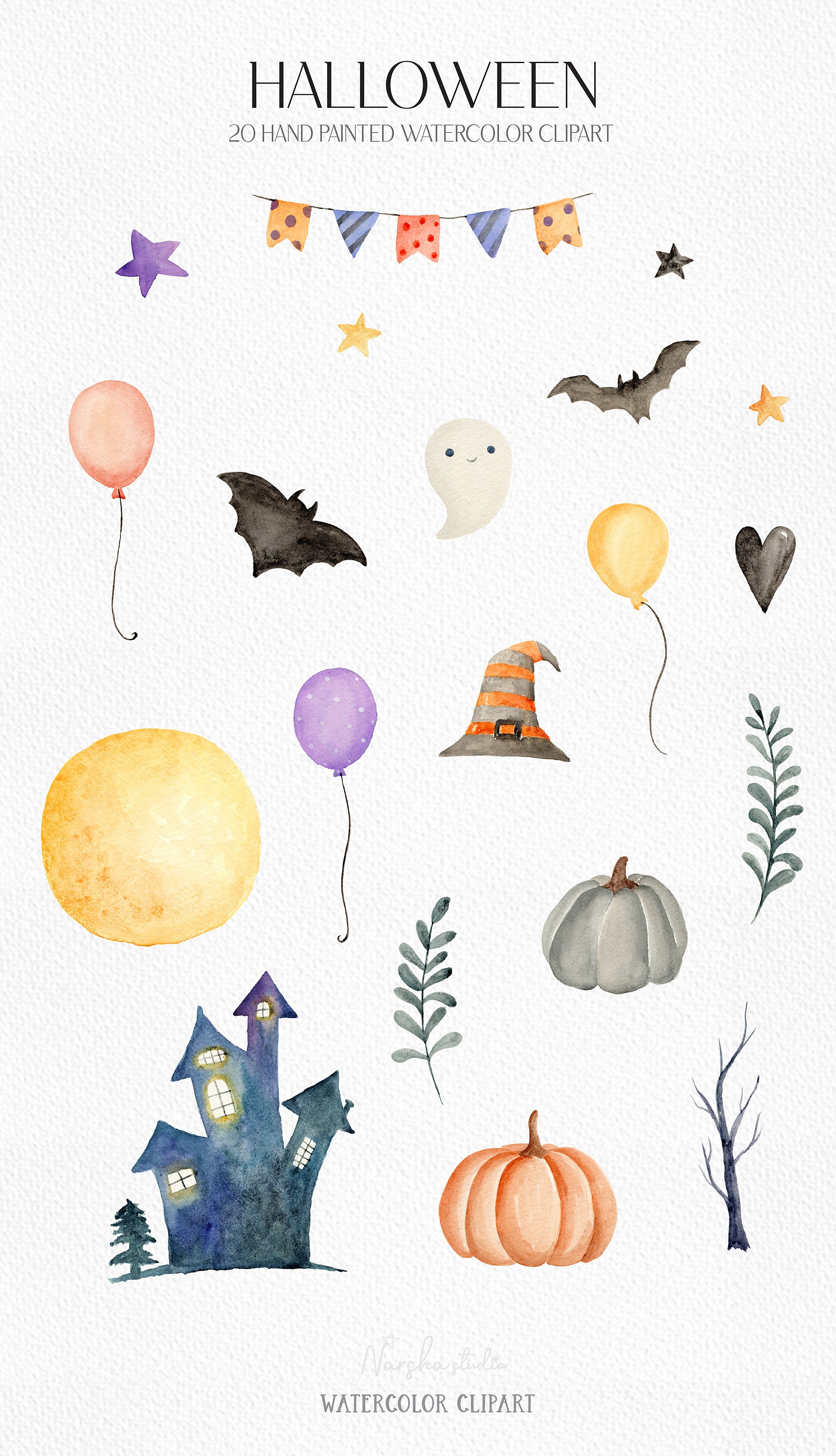 Watercolor Halloween Clipart Cute Ghost Clipart Halloween Haunted House ...