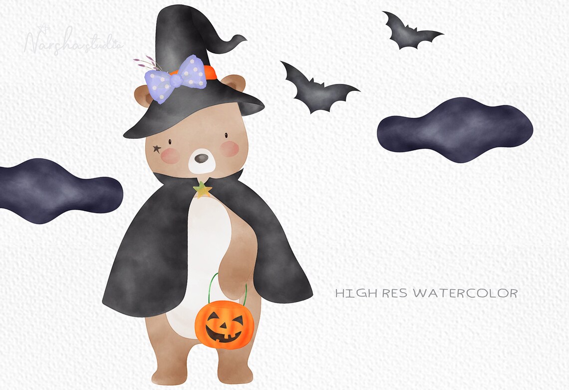 Cute Halloween Watercolor Clip Art/ Halloween Bear Clipart/ Halloween ...