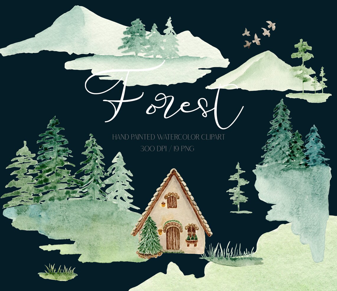 Watercolor Forest Clipart Mountain Clipart House Watercolor | Etsy