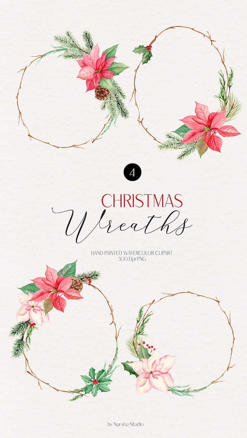 Watercolor Christmas Wreaths Clipart Winter Clipart Christmas - Etsy