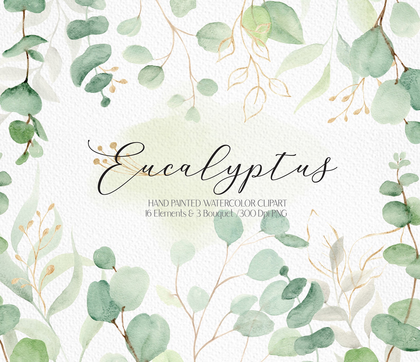 Watercolor Eucalyptus Clipart Greenery Clipart Green and Gold ...