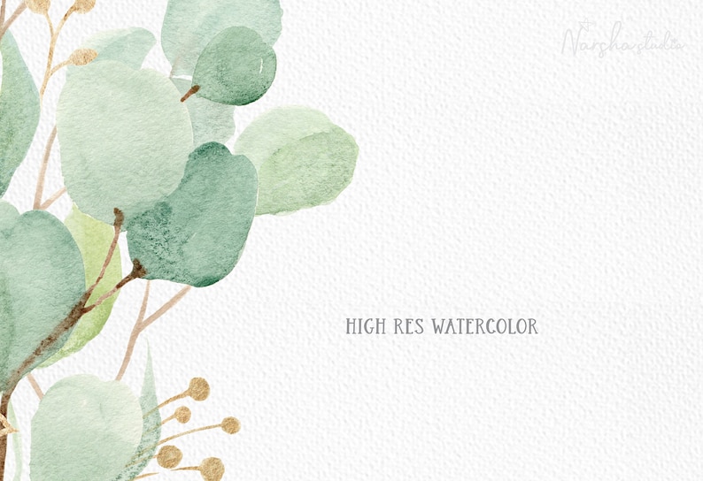 Watercolor Eucalyptus Clipart Greenery Clipart Green and Gold - Etsy