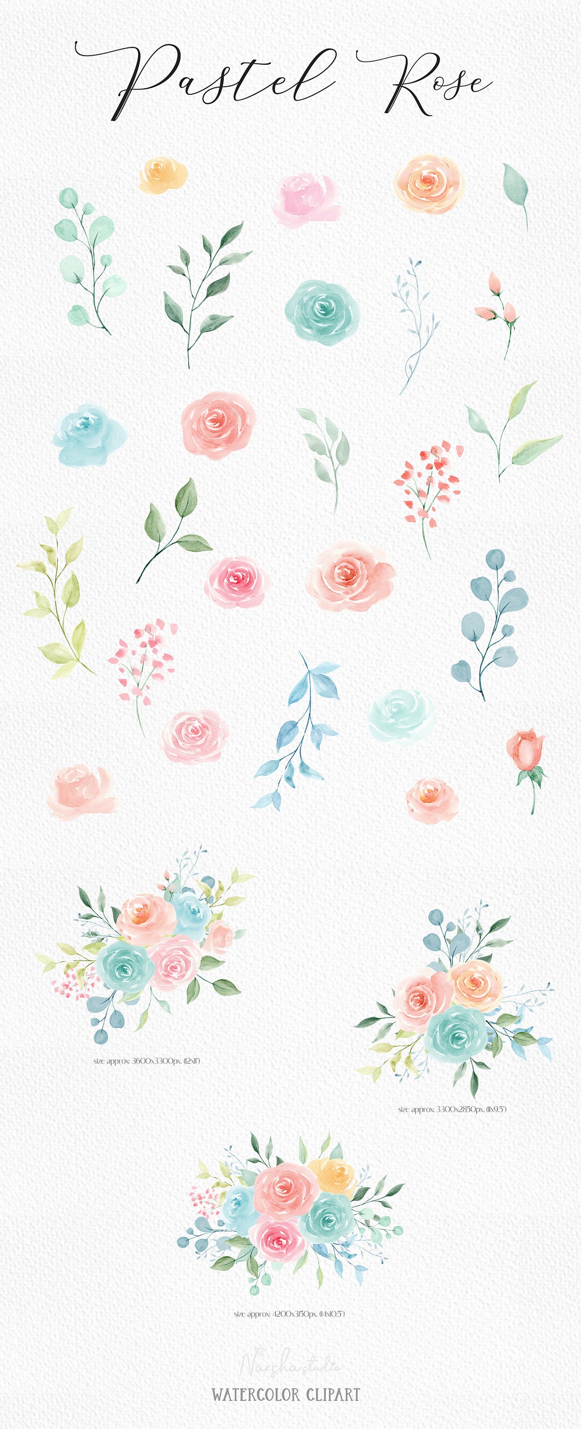 Pastel Spring Watercolor Floral Bouquets Digital Clipart Peach and Mint ...