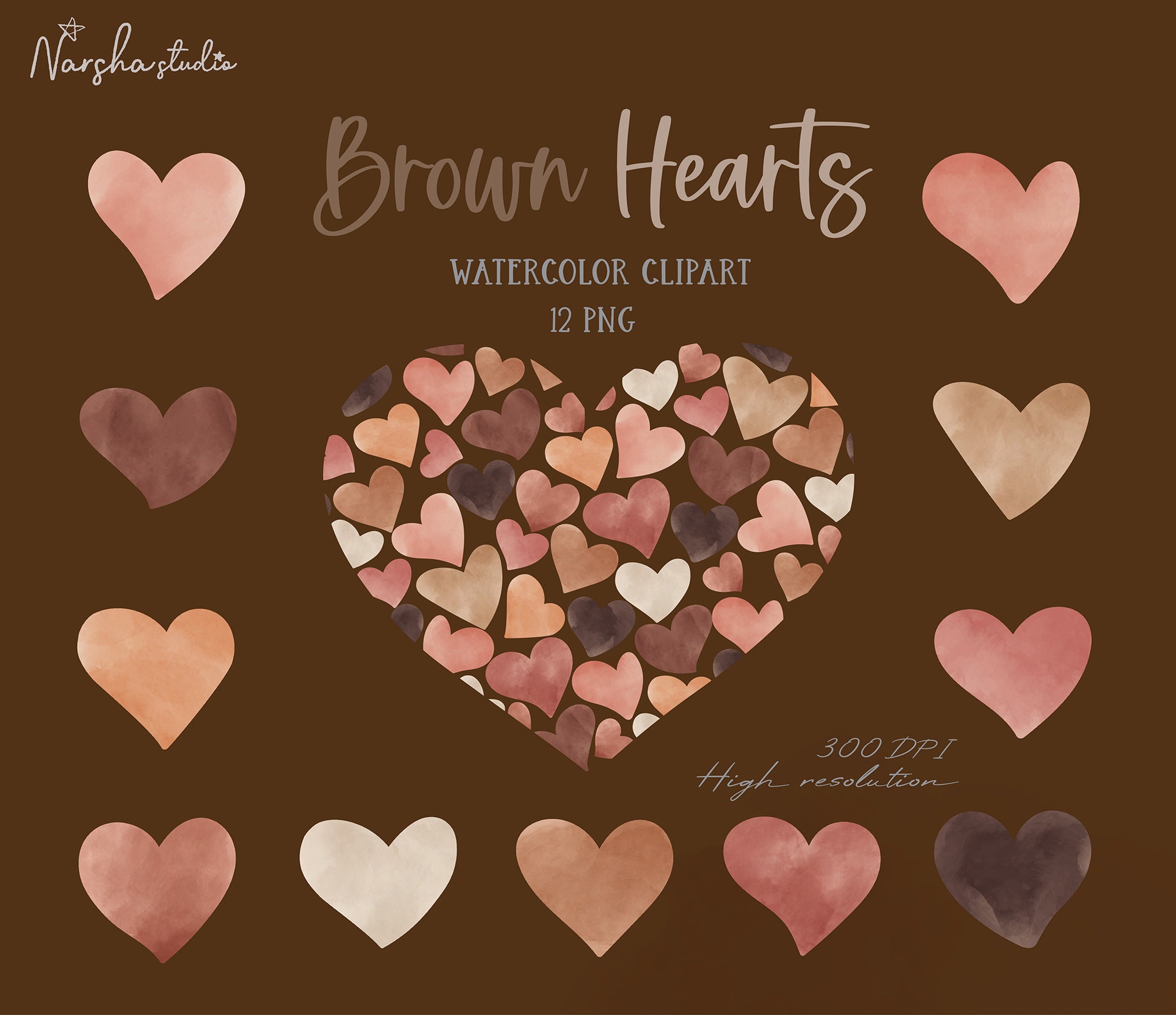 Brown Hearts Watercolor Clip Art/ Valentine's Watercolor | Etsy