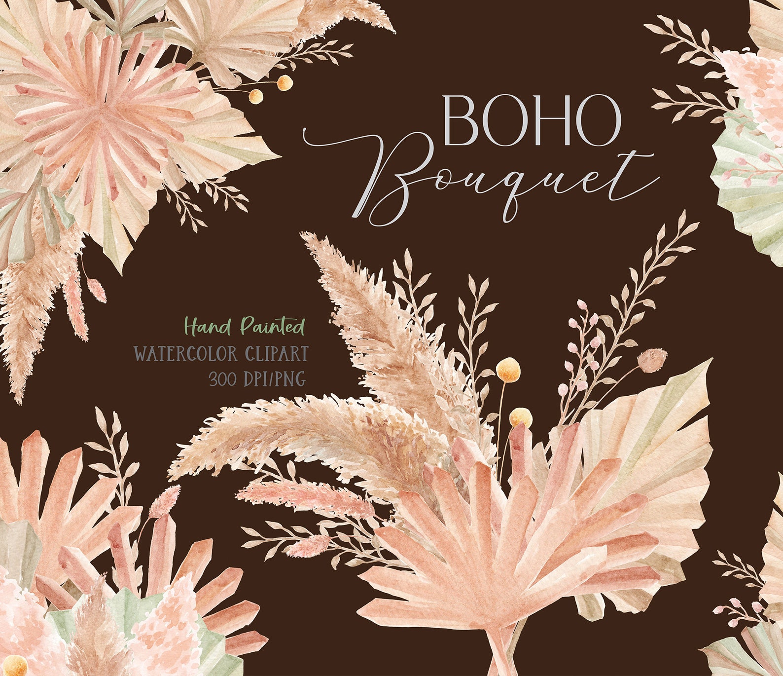 Dried Boho Bouquet Watercolor Clip Art Watercolor Pampas - Etsy