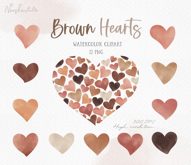 Brown Hearts Watercolor Clip Art/ Valentine's Watercolor | Etsy