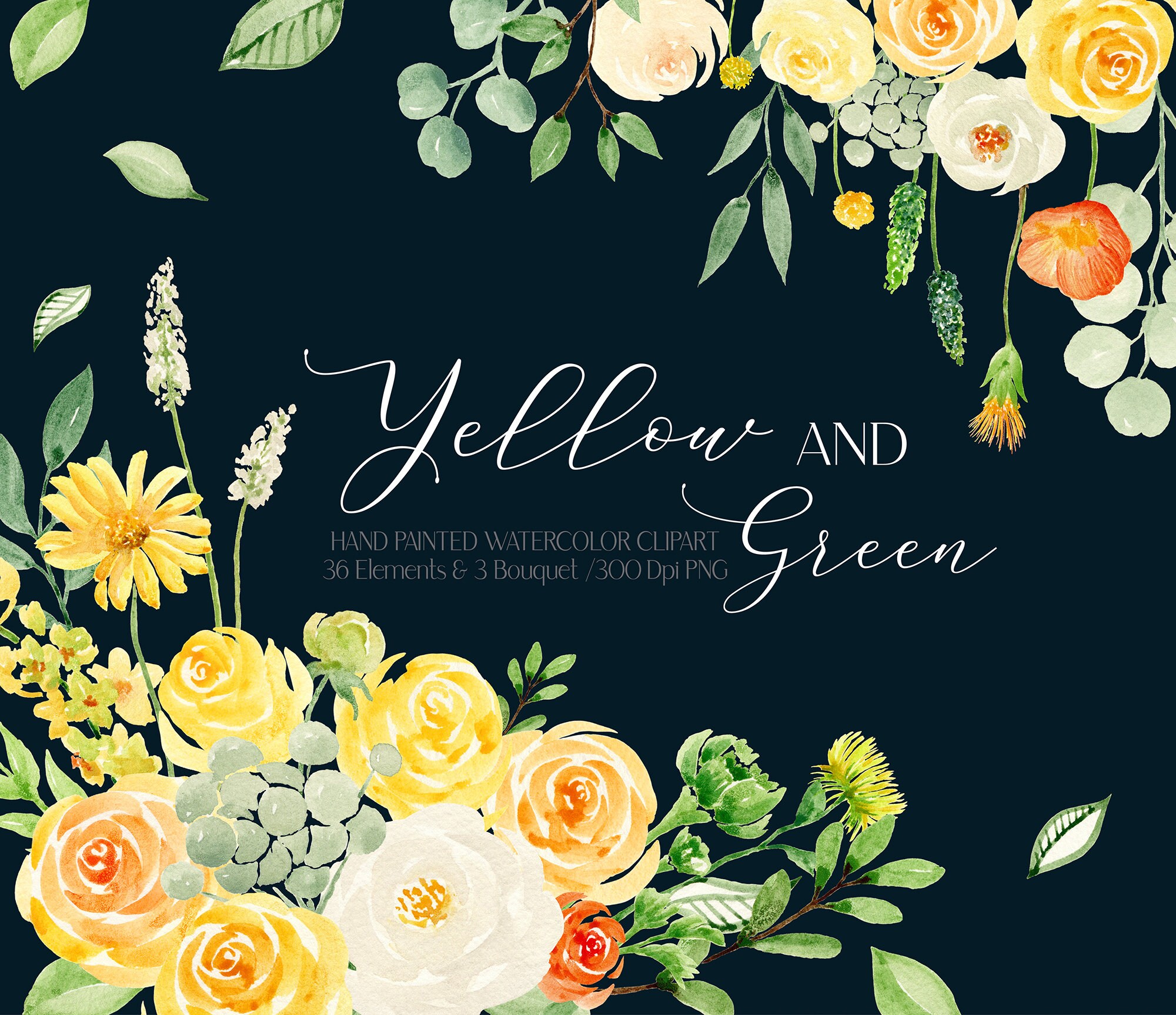Spring Watercolor Floral Bouquets Digital Clipart Yellow and - Etsy