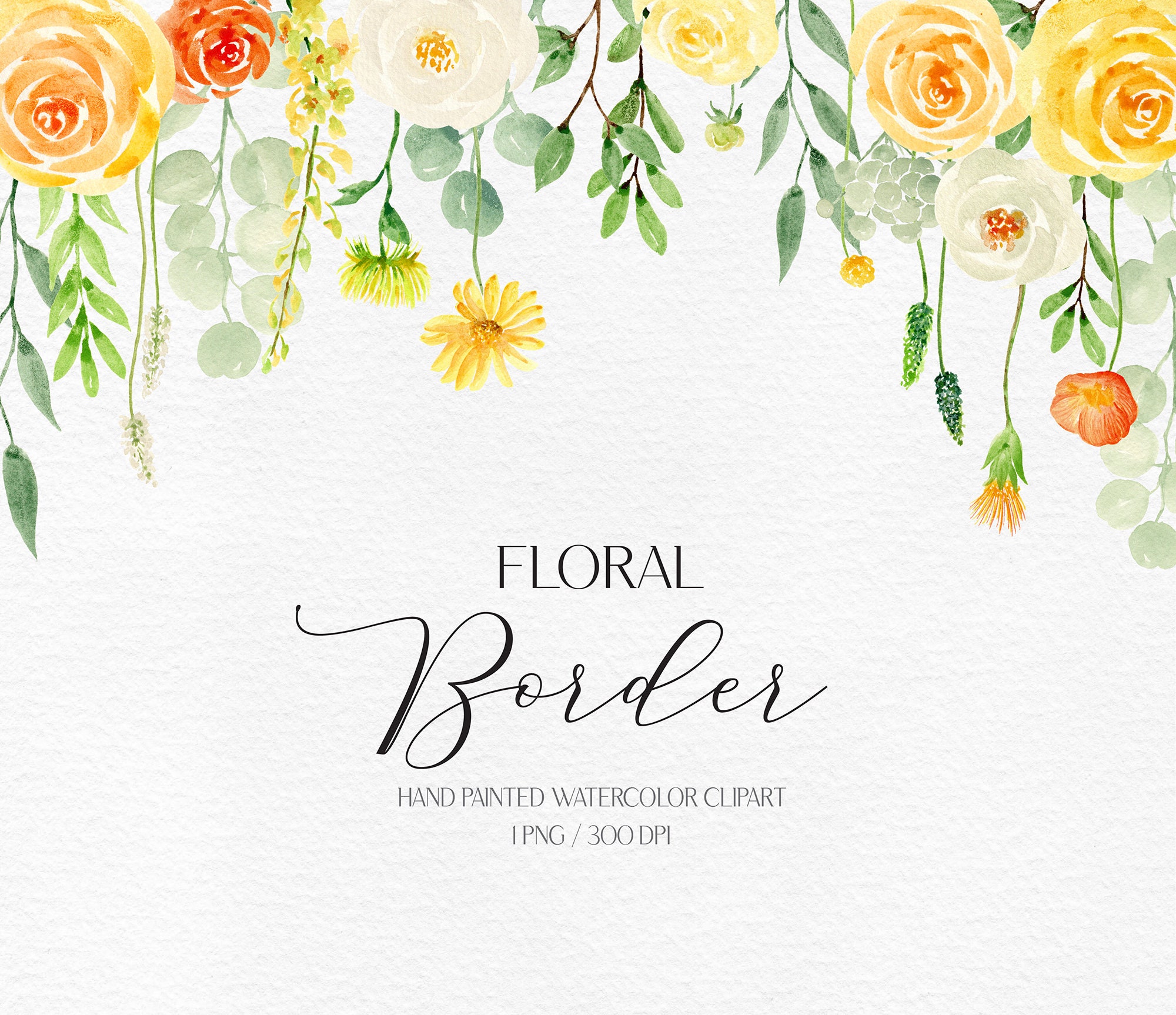 Watercolor Floral Border Digital Clipart Yellow and Green | Etsy