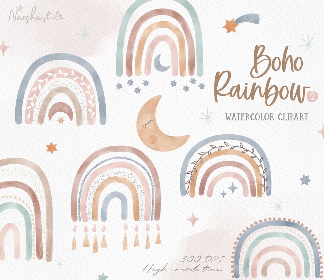 Boho Rainbow Watercolor Clip Art/ Boho Rainbow Decor/ Boho Clipart ...