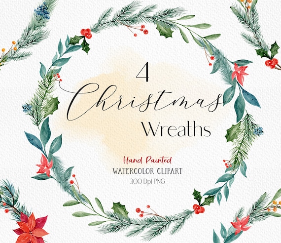 Watercolor Christmas Wreath Clipart Winter Clipart Holiday - Etsy