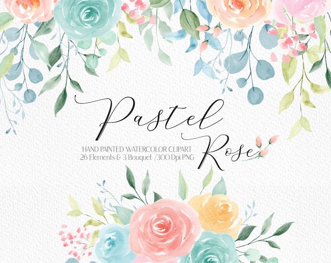 Pastel Spring Watercolor Floral Bouquets Digital Clipart Peach and Mint ...