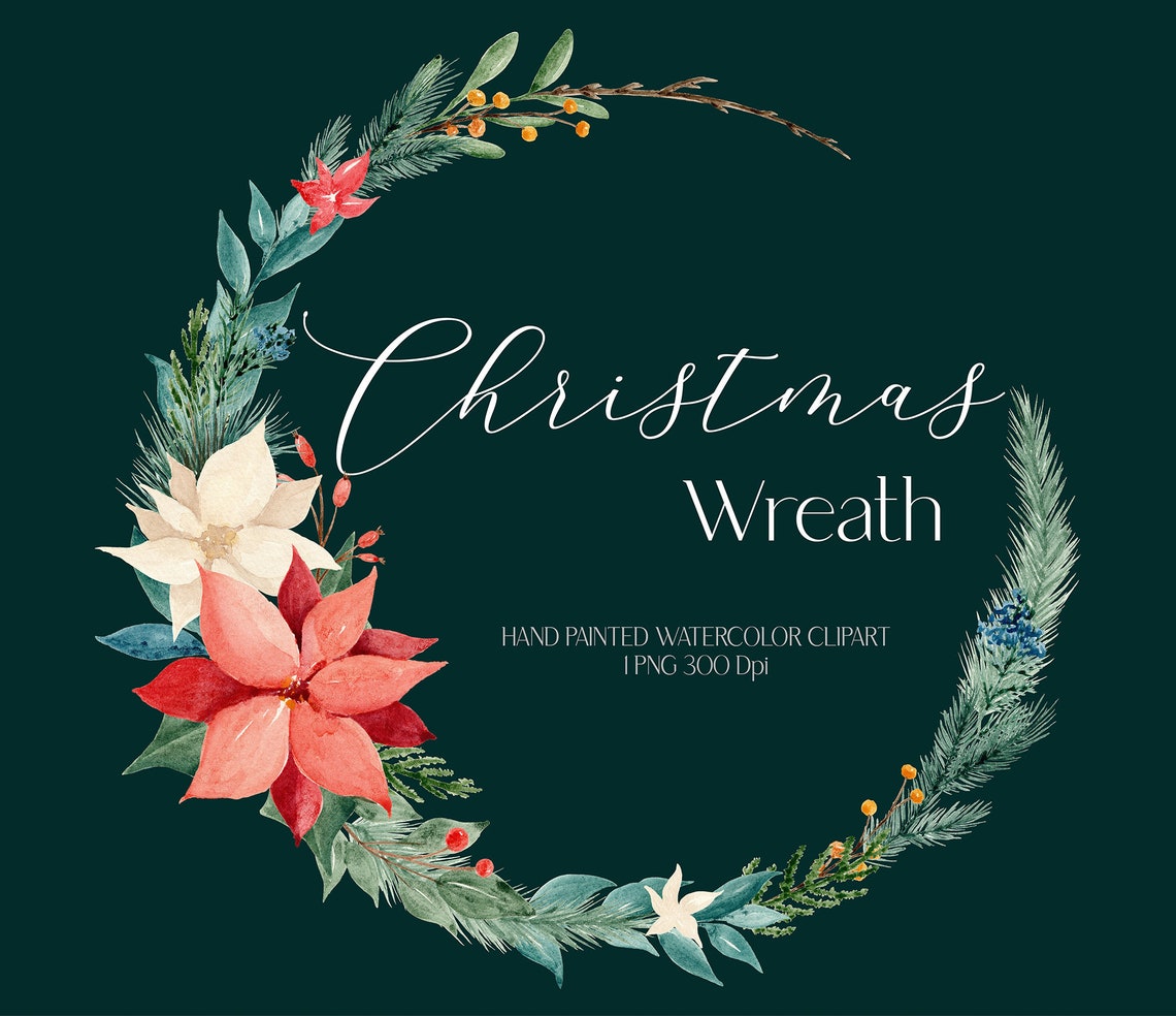 Watercolor Christmas Wreath Clipart Winter Clipart Holiday - Etsy