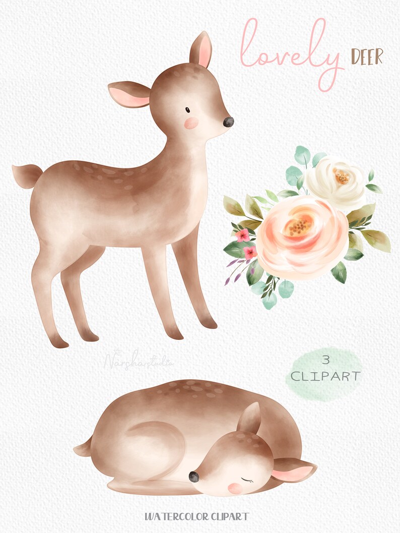 Lovely Deer Watercolor Clip Art/ Deer Watercolor/ Baby Deer Art/ Deer ...