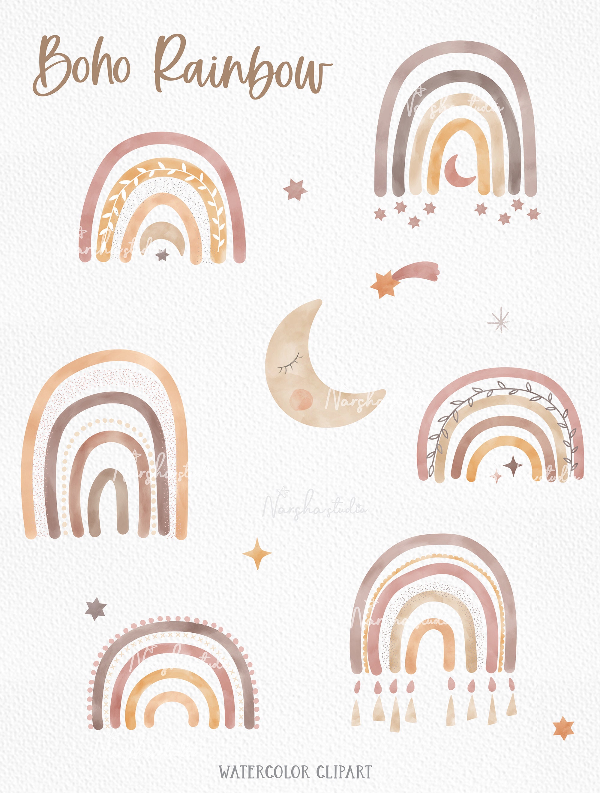Boho Rainbow Watercolor Clip Art/ Boho Rainbow Decor/ Boho Clipart ...