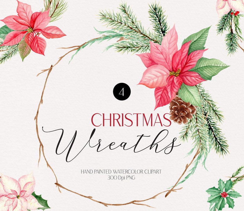 Watercolor Christmas Wreaths Clipart Winter Clipart Christmas - Etsy